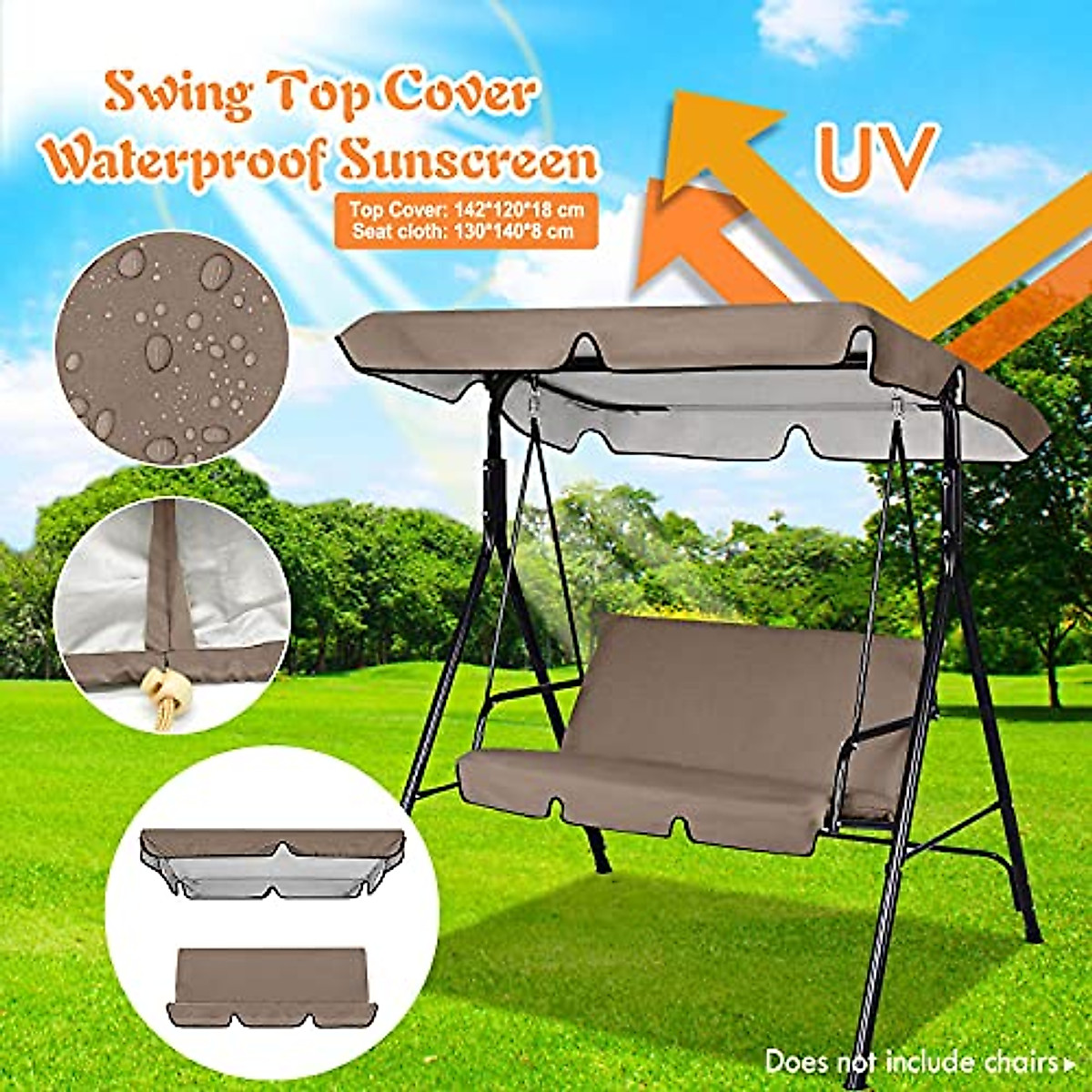 Patio Swing Canopy Cover Set - Swing Replacement Top Cover + Swing Cushion Cover for 3 Seater Swing Waterproof Dustproof, Only Cover