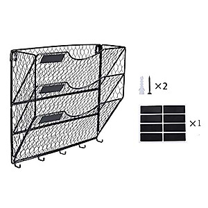 Superbpag Hanging Mail Sorter Organizer 3-Tier Metal Chicken Wire Wall Mount Magazine Literature Rack with Key Holder, Black