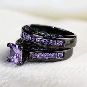 Black Gold Plated Womens Wedding Ring Sets Bridal Sets Princess cut Purple Cz Engagement Ring Wedding Bands