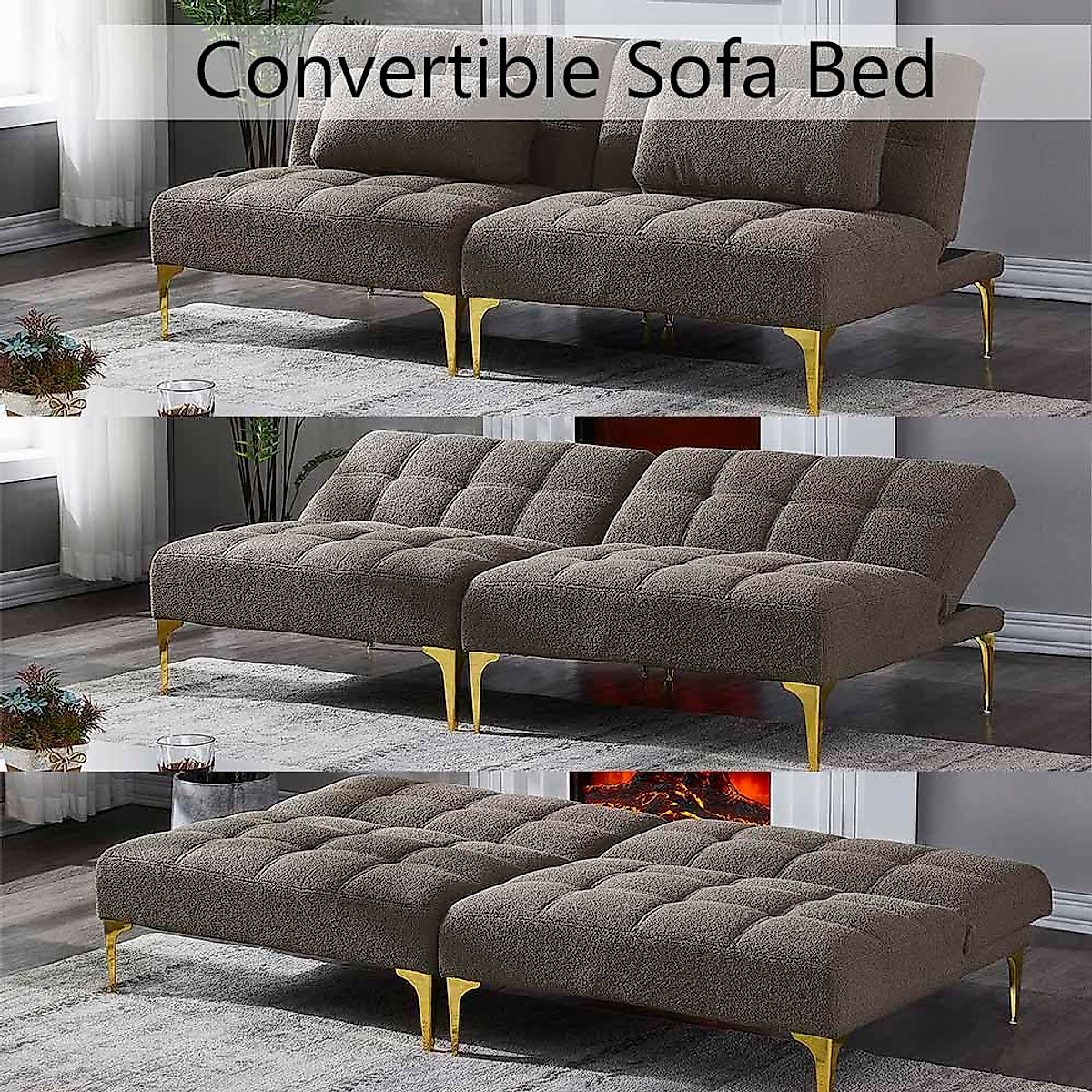 Convertible Sofa Bed, Modern Sleeper Couch with Adjustable Back/Metal Legs/Pillows, Folding Upholstered Loveseat, Sectional Sofa, Memory Foam Living Seat for Apartment/Office/Multi-Functional (Taupe)