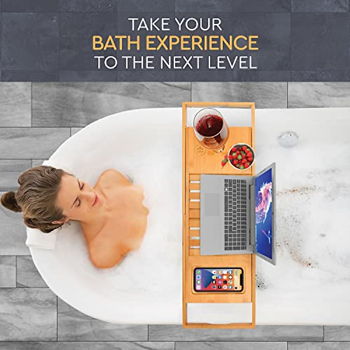 Bambüsi Premium Bathtub Tray Caddy - Bamboo Expandable Bath Tray - Unique House Warming Gifts, New Home, Anniversary & Wedding Gifts for Couple, Bridal Shower Gift for Women