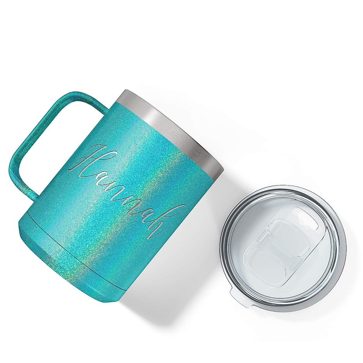 Personalized Coffee Mug Seafoam Glitter 15 oz with Lid and Handle Custom Engraved Gift Stainless Steel Vacuum Insulated Cup