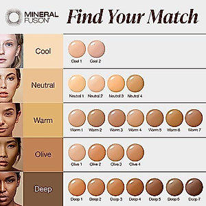 Mineral Fusion Full Coverage Foundation, Liquid Foundation - Olive 1- Light Complexion w/Olive/Green Undertones, Lightweight Matte Finish, Up to 12 Hr Hydration, Hypoallergenic & Vegan, 1 fl. oz