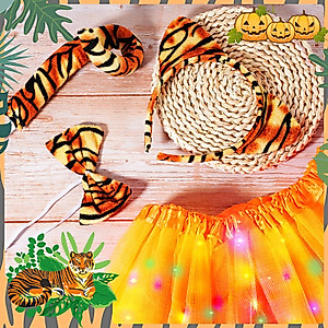 Retisee 4 Pcs Tiger Costume Set Includes Tiger Ears Headband, Tiger Tail, LED Orange Tutu Skirt and Bow Tie for Kids Halloween Cosplay Glow in the Dark Animal Fancy Costume Party