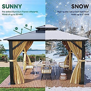 YITAHOME 12x12FT Gazebo Hard-Top Double Roof Canopy Outdoor with Netting and Shaded Curtains, Aluminum Frame Polycarbonate Hardtop Garden Tent for Patio, Backyard, Deck and Lawns, Brown