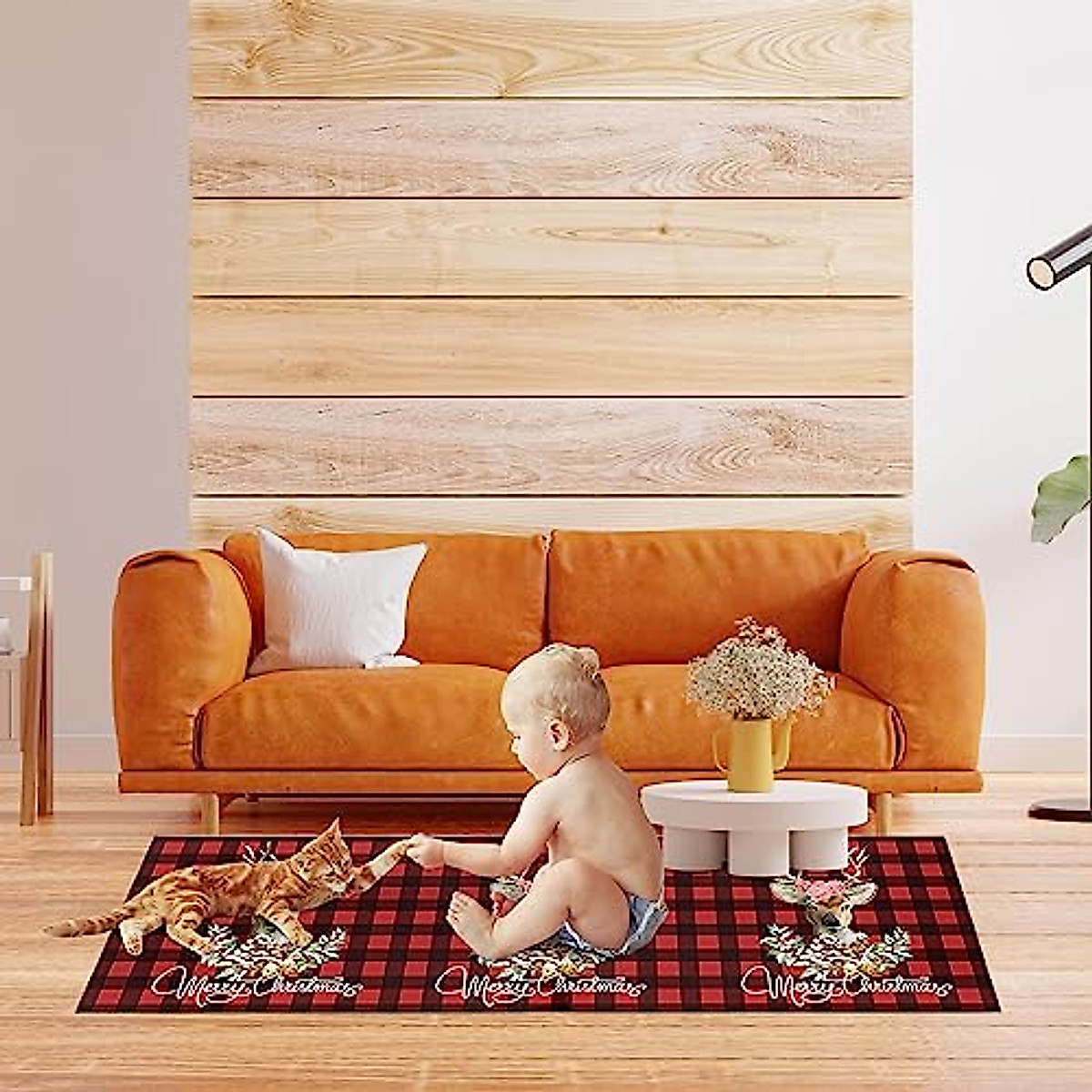 Miaklek Merry Christmas Kitchen Mats for Floor Anti Fatigue Mats for Kitchen Floor Kitchen Rugs Cushioned Mats Non Slip Comfort Standing Kitchen Rugs Set of 2, Xmas Elk Holiday Red Black Check