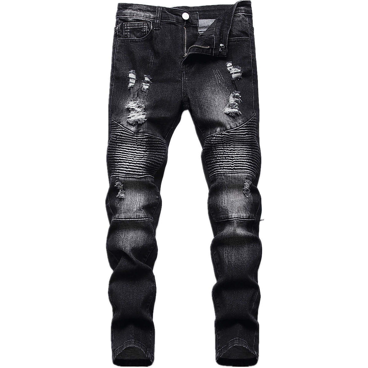 Boy's Skinny Fit Ripped Destroyed Distressed Stretch Fashion Biker Moto Denim Jeans Pants,BlackL0081,16