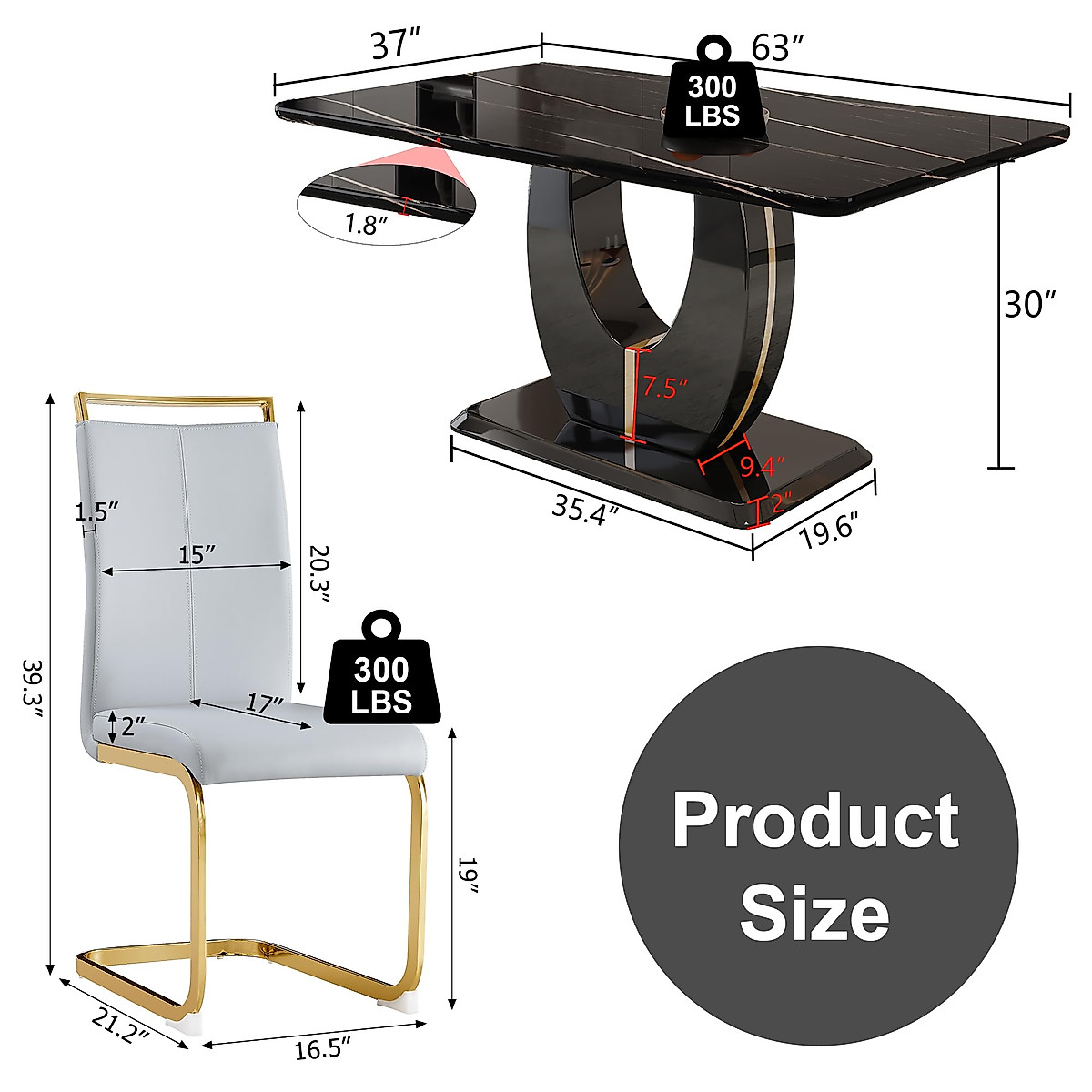MTFY 7 Pieces Marble Dining Table Set for 6, Modern 63" Rectangular Black Faux Marble Pedestal Kitchen Dining Room Table & 6 PU Leather Upholstered Dining Chairs, Elegant Dinette Table Set