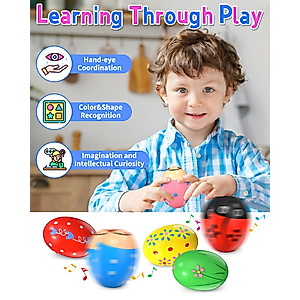 6 Pack Wooden Percussion Musical Shaker Prefilled Easter Eggs with Toys Inside Filled, Toddlers Easter Basket Stuffers Egg Fillers Montessori Toys Gifts for Kids Boys Girls Babies