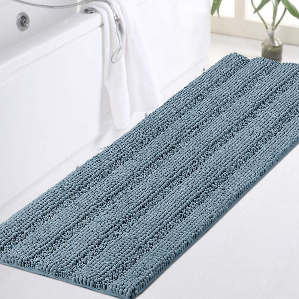 Turquoize Bathroom Runner Extra Long Bathroom Rug Blue Chenille Bath Rug Non Slip Shaggy Bath Mat Shag Shower Mat, Soft and Cozy, Super Absorbent Water, Washable Rug, 47 x 17 inches, Stone Blue