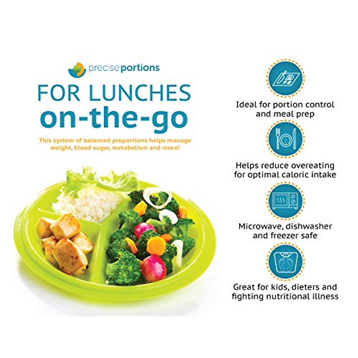 Precise Portions Portion Control Plate - Pack of four (4) 9 INCH 3-Section BPA-Free Nutrition Guidance Plates - with 4 Snap-Tight Vented Lids- for Weight Loss Store