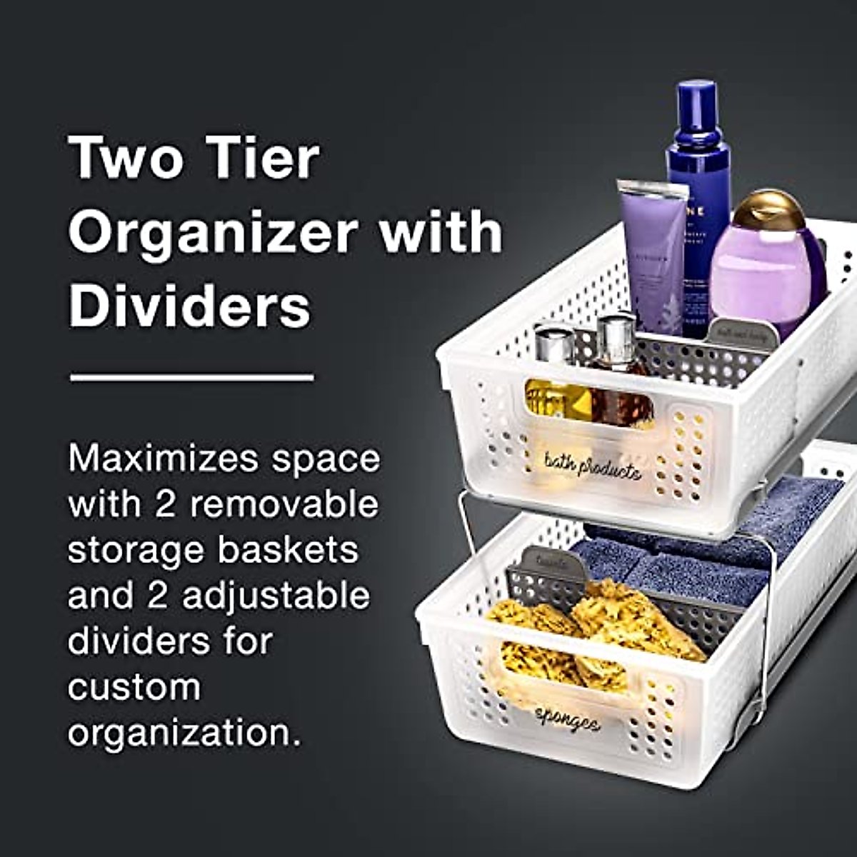 madesmart 2-Tier Organizer, Multi-Purpose Slide-Out Storage Baskets with Handles and Dividers, Frost