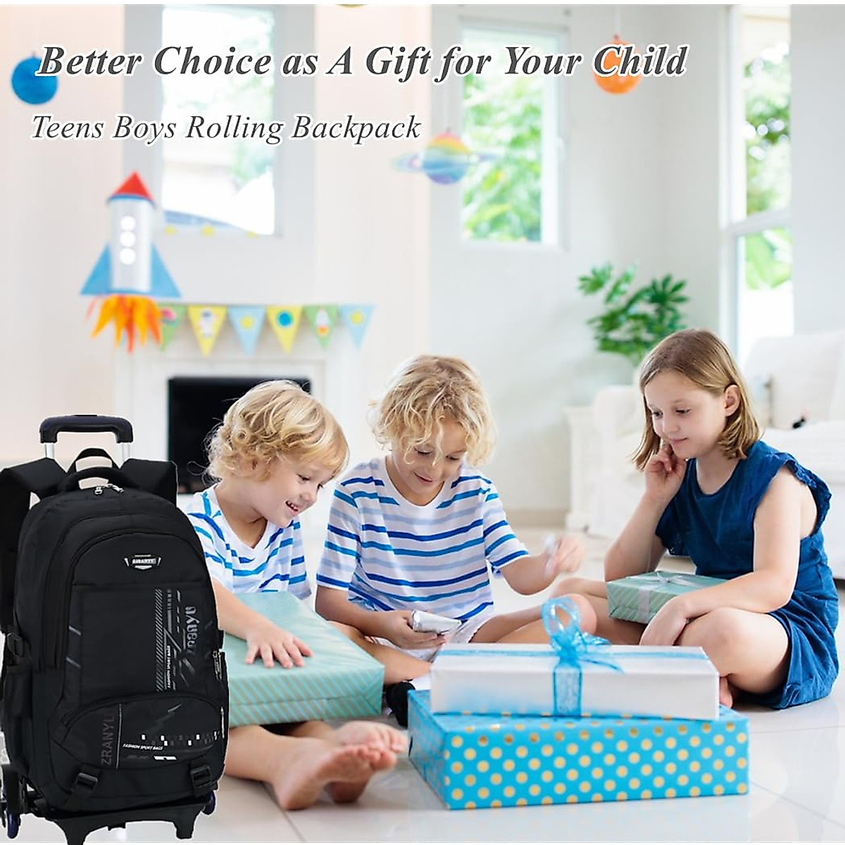 Teens Boys Middle High School Trolley Rolling Backpacks Capacity Wheeled Bookbag School Bags with Six Wheels