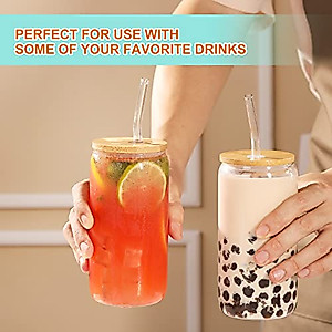 Glass Cups with Bamboo Lids and Straws 4pcs Set,16oz Wide Mouth Drinking Mason Glass Tumbler,Reusable Beer Cans Glasses,Iced Coffee Glass, Juice Boba Cup, Pearl Glass,Milk Cup -wih 2 Brushes