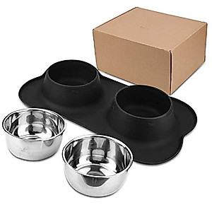 AsFrost Dog Food Bowls Stainless Steel Pet Bowls & Dog Water Bowls with No-Spill and Non-Skid, Feeder Bowls with Dog Bowl Mat for Small Medium Large Size Dogs Cats and Pets, Dog Dishes, Black, 3 Cup