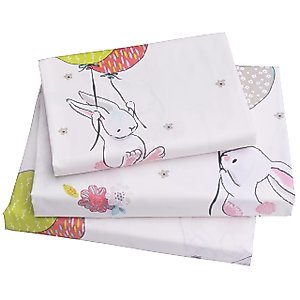 J-pinno Cute Cartoon Rabbit Bunny 100% Cotton 3 Pieces Twin Sheet Set for Kids Girls Children Flat Sheet + Fitted Sheet + Pillowcase Bedding Decoration Gift Set