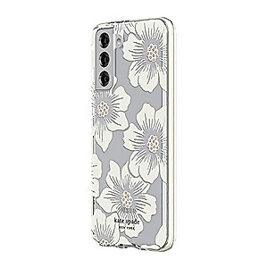 kate spade new york Defensive Hardshell Case Compatible with Samsung Galaxy S21+ 5G - Hollyhock Floral Clear/Cream with Stones/Cream Bumper
