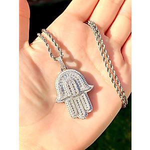 Shop-iGold Men's Hamsa Evil Eye Protector Men Women 925 Italy White Gold Finish Iced Silver Charm Pendant Stainless Steel Real 3 mm Rope Chain, Mans Jewelry, Iced Pendant, Rope Necklace 16"- 24" (24)