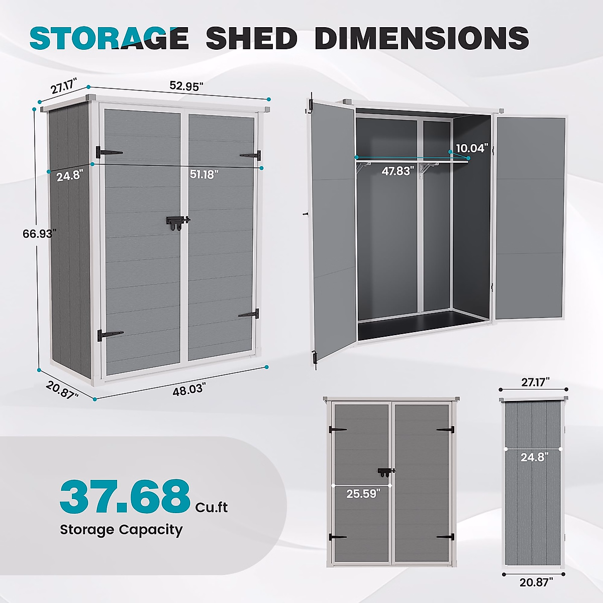 UDPATIO Resin Vertical Lockable Storage Shed, 4.3 ft x 5.6 ft Outdoor Storage Shed Waterproof Resin Cabinet for Garden, Backyard, Lawn, Grey White