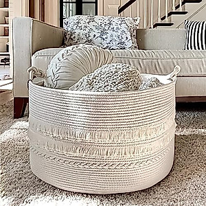 TIMEYARD Large Decorative Basket, 21.7'' x 13.8'' Cotton Rope Blanket Basket Living Room Toy Baskets Storage Kids, Baby Laundry Baskets for Dirty Clothes Pillows Towel, 90L White