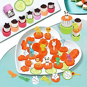 42Pcs Vegetable Fruit Cutter Shapes Sets, Coolrunner 12Pcs Vegetable Cutters and 30Pcs Animal Food Picks for Kids, Mini Cookie Cutters Sandwich Cutter with Rabbit Elephant Fruit Picks for Bento Box
