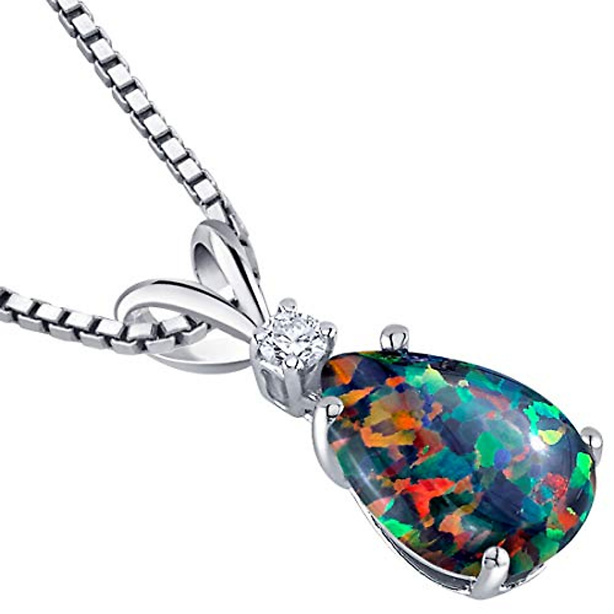 PEORA 14K White Gold Created Black Opal with Genuine Diamond Pendant for Women, Elegant Teardrop Solitaire, Pear Shape, 10x7mm, 1 Carat total