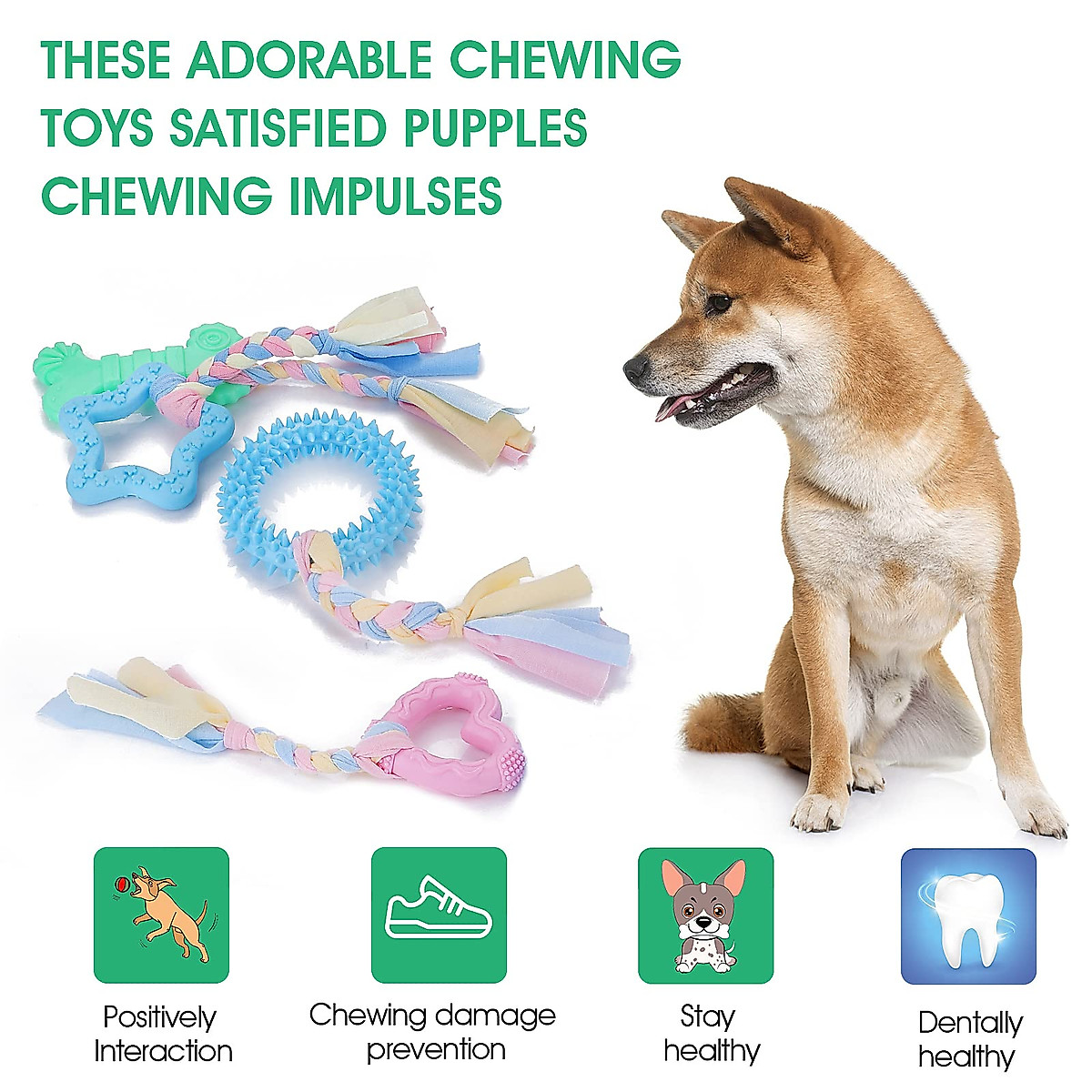 cobee Puppy Teething Chew Toys, 4 Pcs Puppy Toys with Interactive Cotton Ropes for Teething Small Dogs, Rubber Puppy Chew Toys Cute Small Dog Toys for Dogs Oral Teeth Soothe Itching Puppy Chew Toys