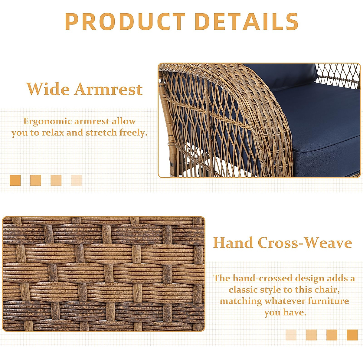 W WARMHOL 2-Person Outdoor Glider Bench Patio Double Swing Rocking Chair with Glass-Top Coffee Table, Patio Glider Wicker Porch Loveseat Seating Patio Steel Frame Chair Set with Cushion, Navy Blue