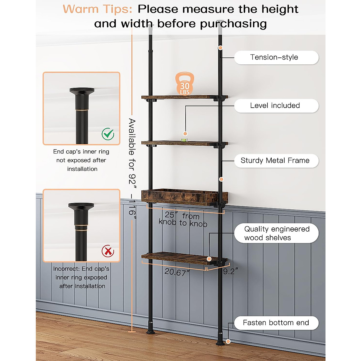 ALLZONE 4-Tier Over The Toilet Storage Shelf, Wood Bathroom Organizer Over Toilet Cabinet with Adjustable Shelf, Versatile Rack Fits Most Tight Space, Easy Assembly, 92" to 116" Height, Rustic Brown