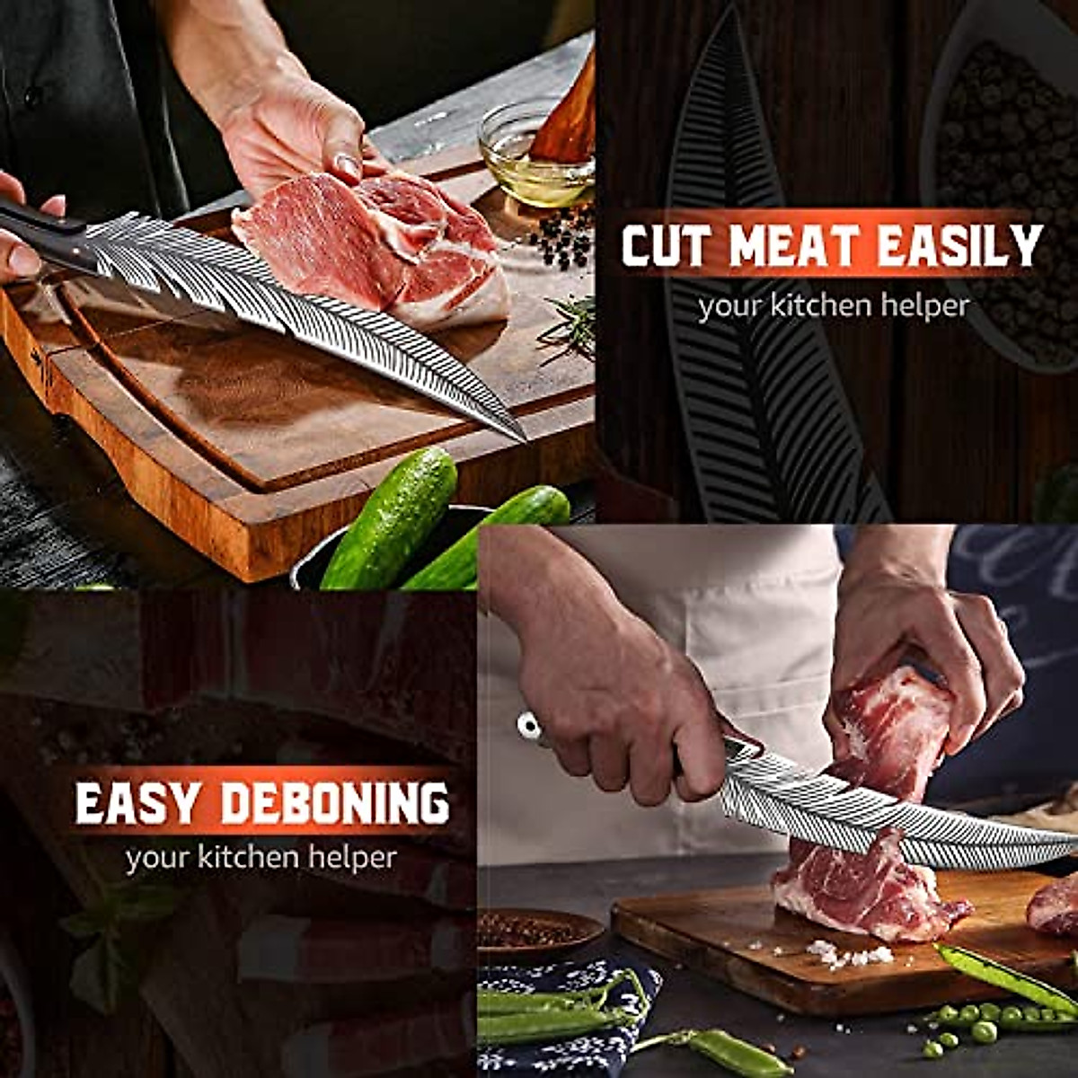Huusk Japan Knife, Sharp Feather Knife Hand Forged Viking Knife High Carbon Steel Butcher Knife Boning knife for Meat Cutting Japanese Chef Knives Cooking Knife with Sheath for Kitchen Outdoor Camping