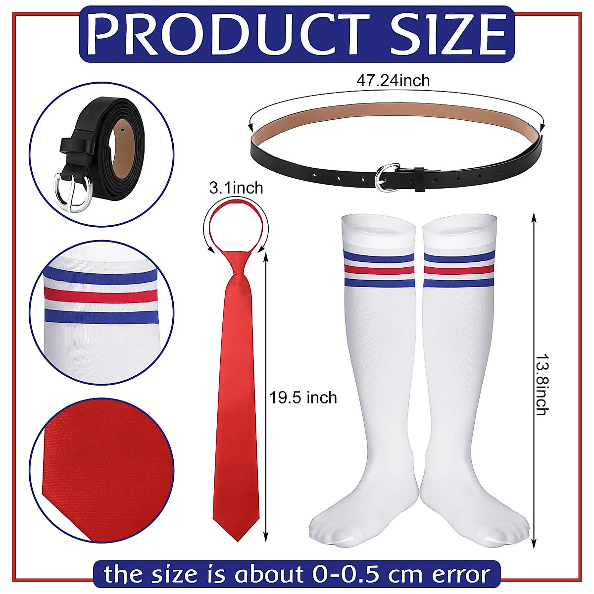 Xtinmee 3 Pcs Halloween Costume Set for Adult Men - Yellow Square Costume Accessories Set with Red Necktie, 3 Stripes Sports Soccer Team Socks, Black Belt for Sponge Cosplay