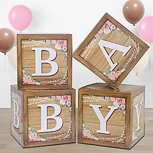 RUBFAC Rustic Floral Brown Baby Boxes with Letters for Baby Shower, 4pcs Baby Shower Decorations for Girls Baby Blocks Birthday Party Gender Reveal Photo Props for Girl Boy