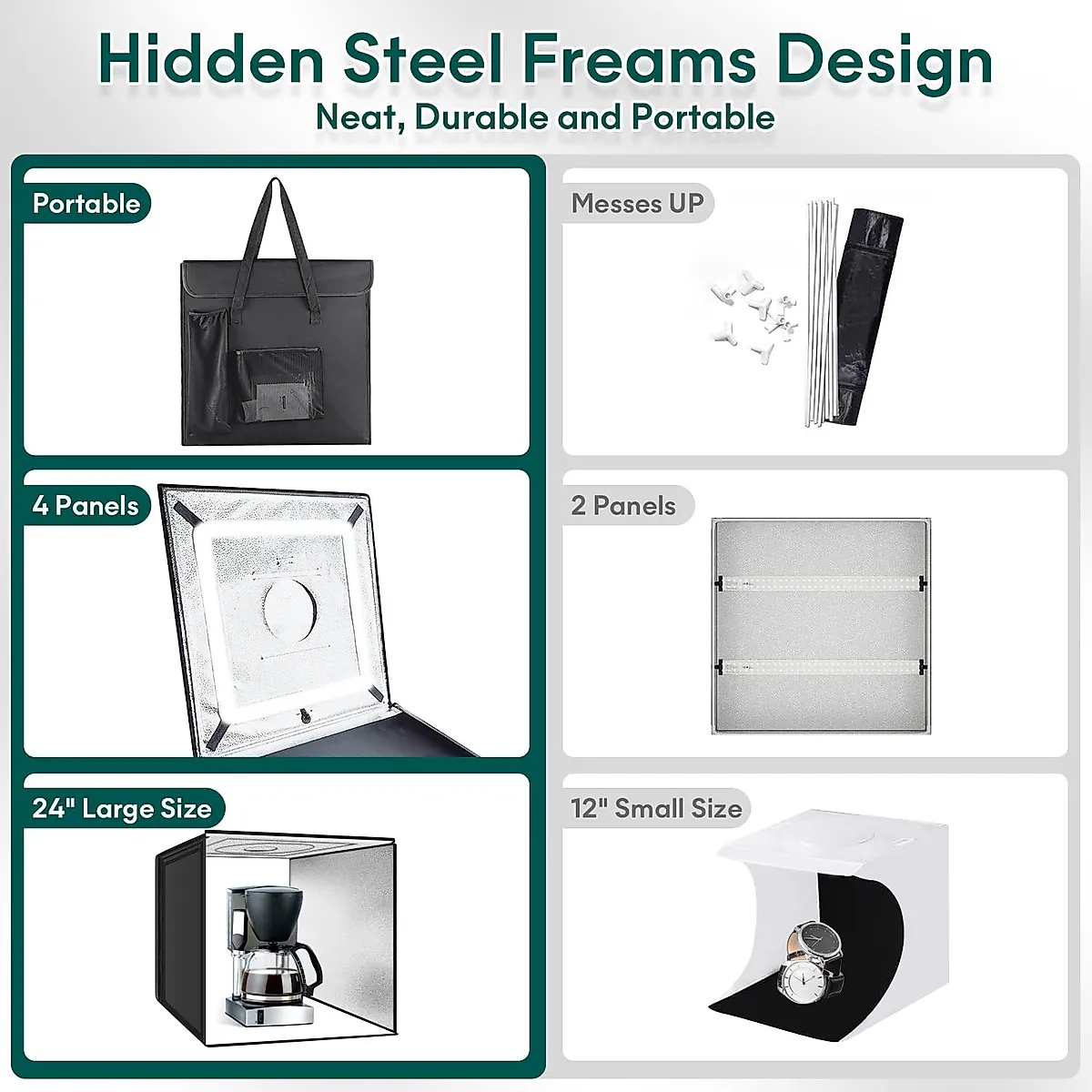 Daguerre 24"x24" Foldable Photo Studio Light Box, Bi-Color Dimmable Shooting Tent with 240 LED Lights, 3000-5500K - Includes 6 Color Backdrops for Professional Photography