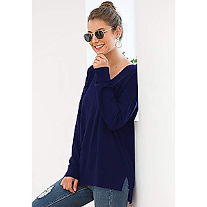 Jouica Women's Casual V Neck Long Sleeve Knit Top Loose Pullover Sweater,Navy Blue,Large