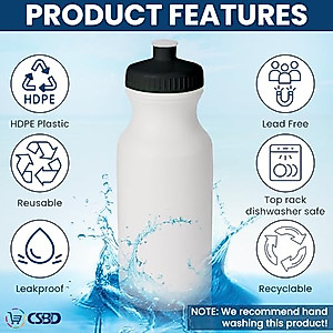 CSBD 20 oz. Bulk Water Bottles, Made in USA, Blank Plastic Reusable Water Bottles for Gym, Cycling, BPA Free, Plastic Water Bottles Pull Top Cap for Sports, White Bottle/Black Lid - 10 Pack