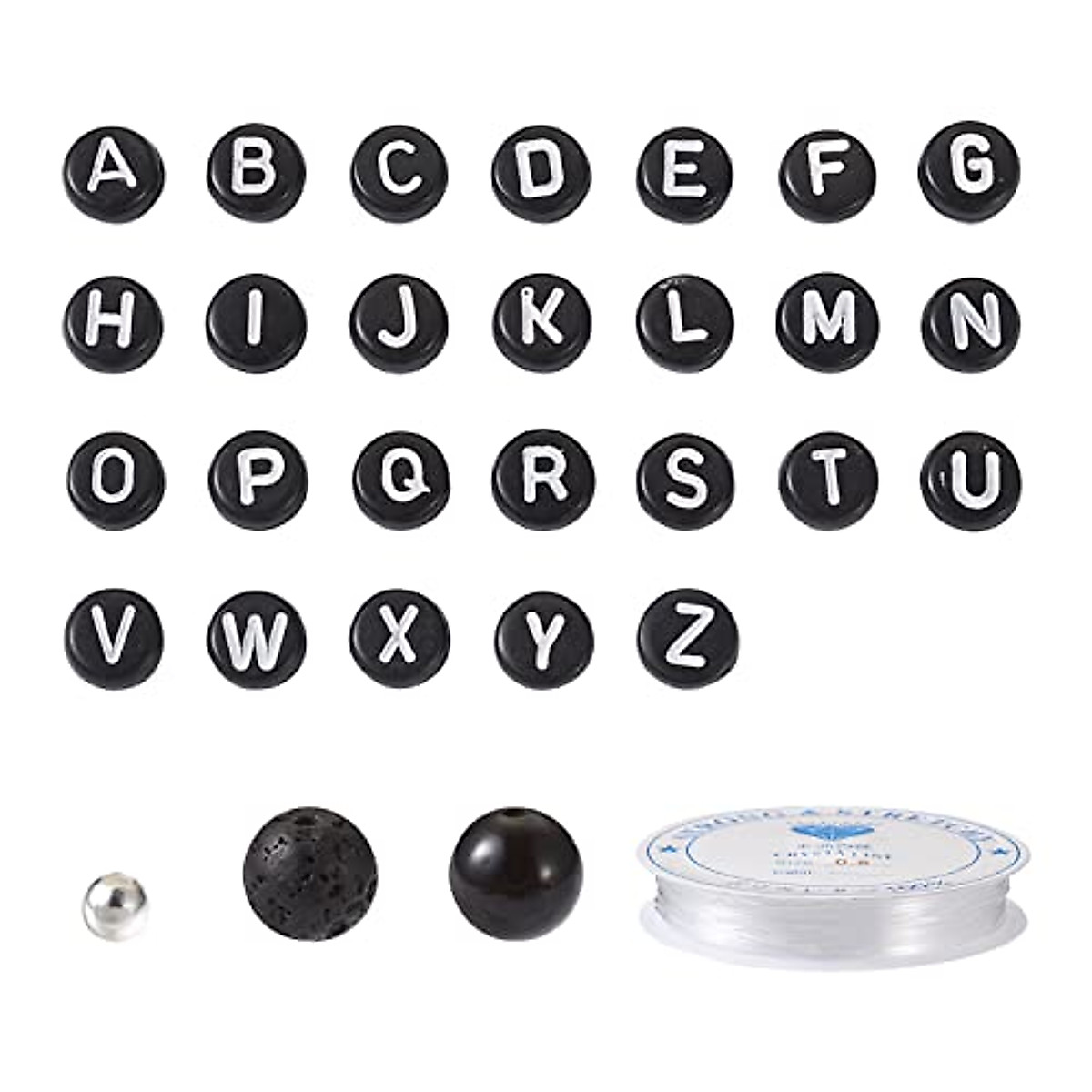 Pandahall 360-380Pcs Natural Black Onyx Lava Rock Gemstone Beads 8mm Healing Crystal Round Stones with A-Z Letter Spacer Beads Elastic String for Adults Diffuser Essential Oils Bracelets Making