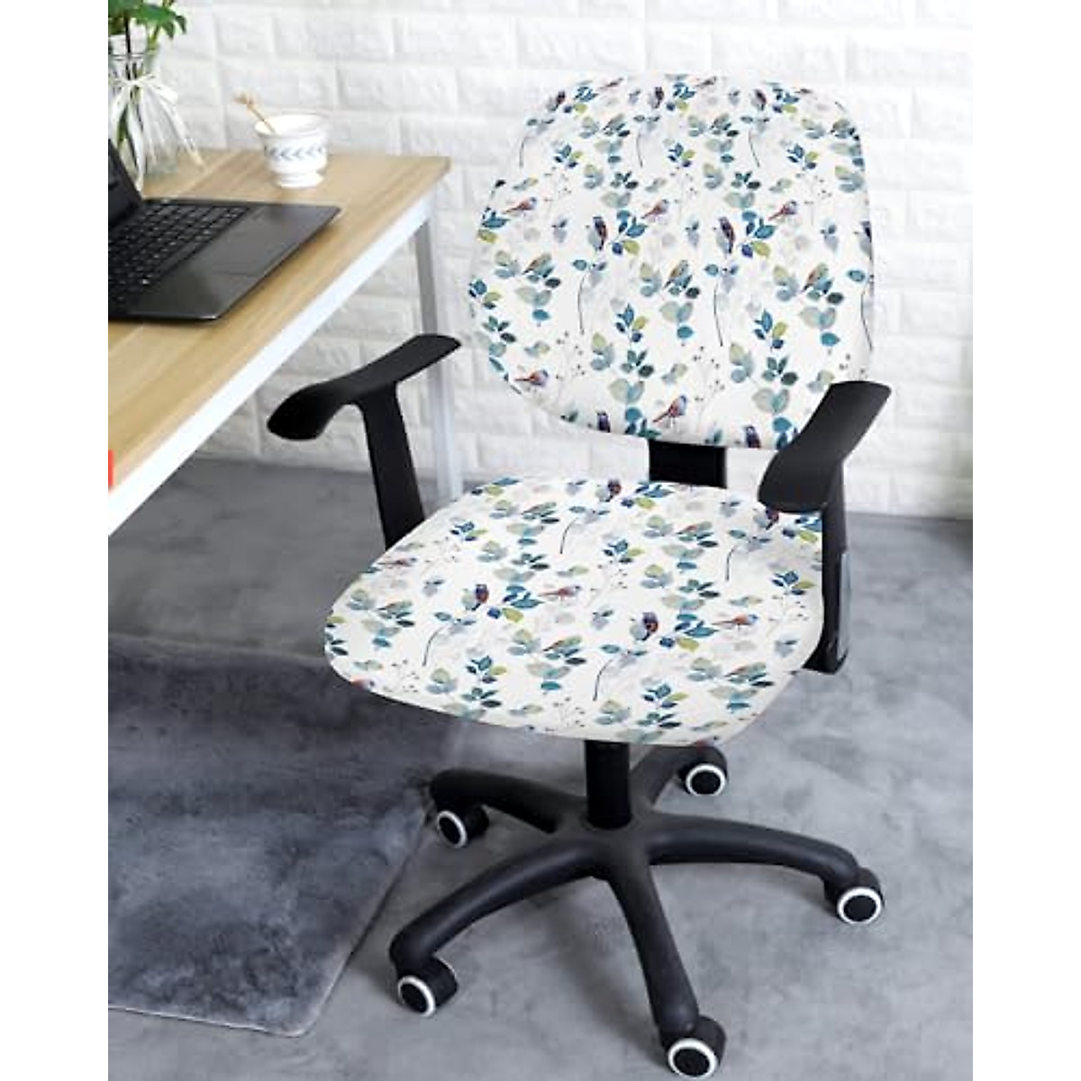 Leaves Birds Office Chair Cover Stretchable Computer Chair Seat Cover Backrest Slipcovers, Stretchable Rotating Desk Chair Seat Cushion Split Protectors Farmhouse Country Rustic Botanical Plant