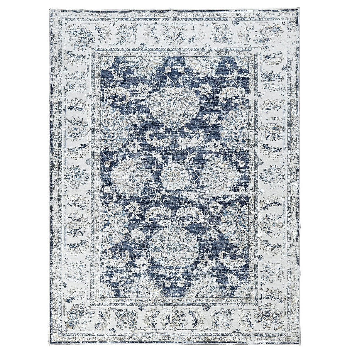 jinchan Washable Area Rug 5x7 Low Pile - Bedroom Rug Indoor Dark Blue Floral Print Stain Resistant - Boho Carpet Distressed Vintage Ultra-Thin Non-Slip Rug Accent Rug Living Room Dining Room Kitchen