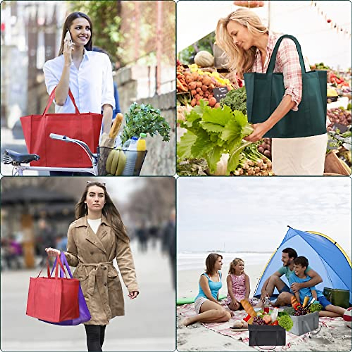 HECTOLIFE 20-Pack Reusable Grocery Bags，Large Washable Foldable Shopping Bags，Heavy Duty Tote Bags with Reinforced Handles(Multicolor)