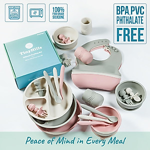 Silicone Baby Feeding Set, Baby Led Weaning Supplies - Suction Plate and Bowl, Self Feeding Spoon and Fork, 2 Bendable Spoons, Tiny Cup, Bib, First Stage Eating Utensils, Baby Dishes