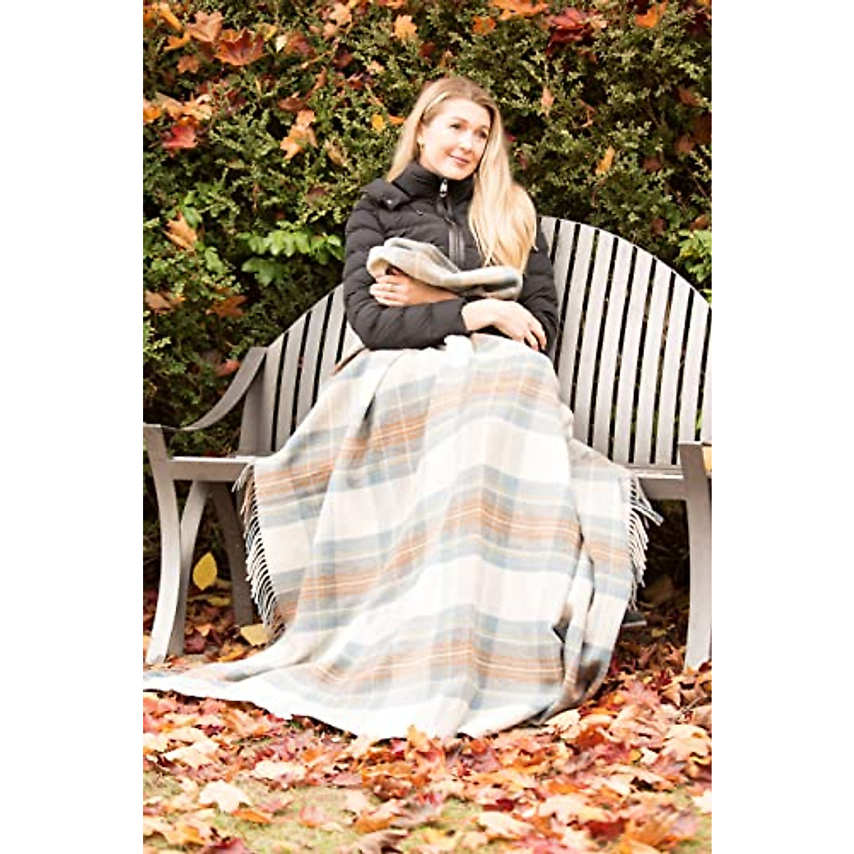 Patrick King Woollen Company Merino Wool Tartan Throw Blanket 69" x 62" Stewart Muted Blue Fringed Plaid Blanket for Home Decor, Camping & Everyday Use | Warm Thick Durable Sustainable Wool Throw