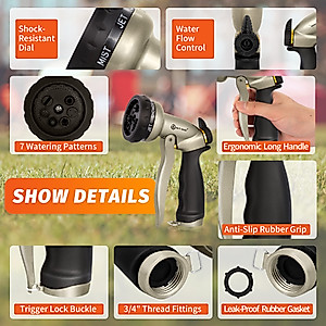 AUTOMAN Garden Hose Nozzle - 7 Patterns Sprayer, 100% Metal High Pressure Spray Nozzle, Labor-Saving Design, Heavy Duty Water Hose Nozzle for Garden Watering, Car Washing, Window Cleaning,Pets Bathing