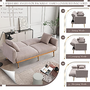 Convertible Futon Sofa Bed, Upholstered Loveseat Sleeper Couch with 3 Reclining Angles and 2 Pillows, Modern Living Room Sofa Couch with 5 Solid Metal Legs for Guest Room, Office, White Teddy
