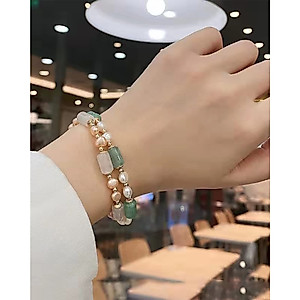 Natural Jade Pearls Bracelet Gold Wealthy Good Fortune Jade Bangle Amulet for Women, Lucky Jade Feng Shui Healing Crystal Bracelet