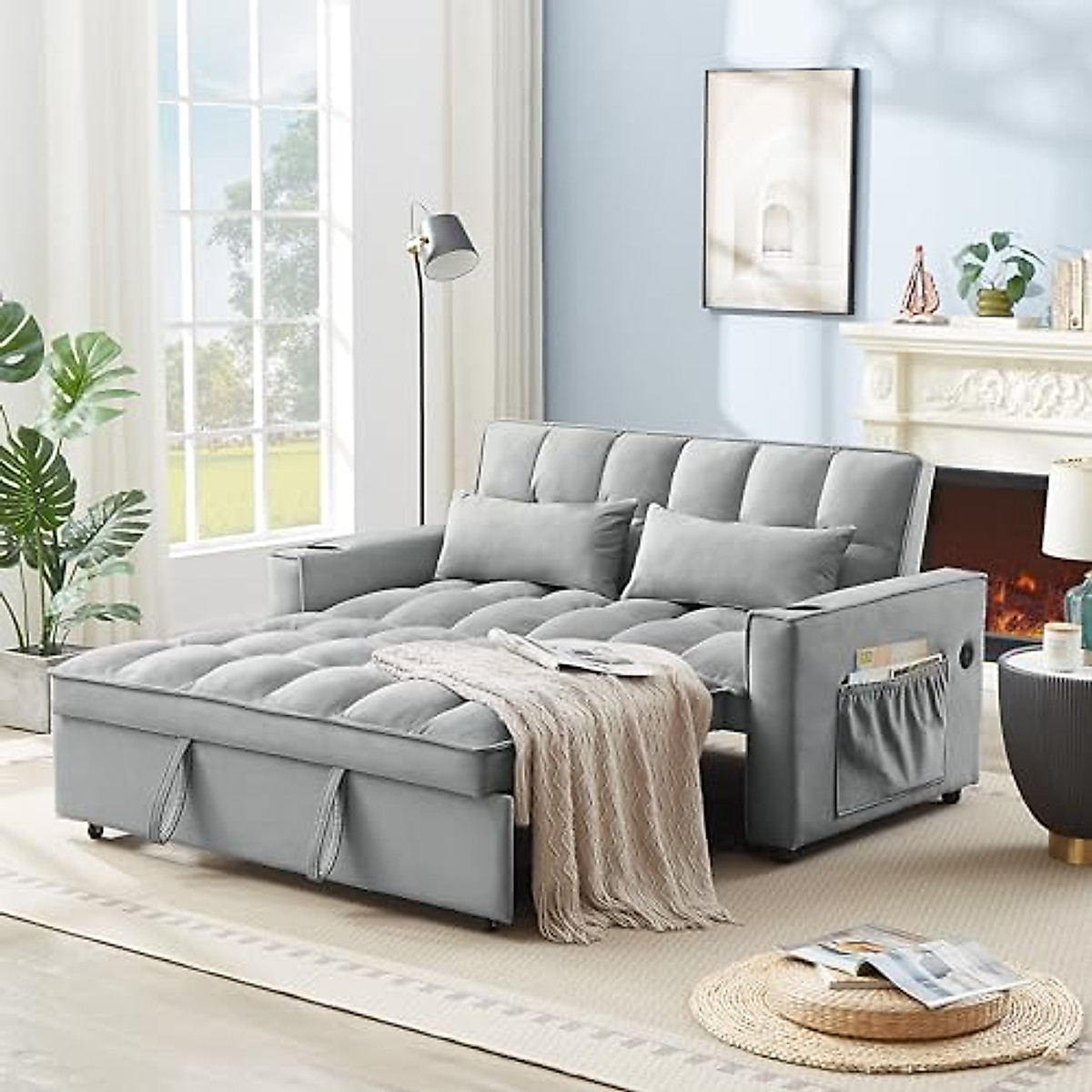 Convertible Loveseat Futon Sofa Couch with Pull-Out Sleeper,Recliner Lounge Sofá Bed Chair,Love Seat Sofabed w/Adjustable Reclining Backrests,USB Ports&Cup Holders for Living Room,Full Size