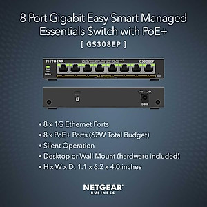 NETGEAR 8 Port PoE Gigabit Ethernet Easy Smart Managed Essentials Switch (GS308EP) - with 8 x PoE+ @ 62W, Desktop or Wall Mount