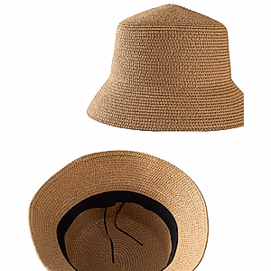 Lightbird Women's Straw Bucket Hat Beach Hat Foldable Summer Travel Sun Caps Outdoor Fisherman Hat Brown