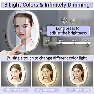 Rechargeable Wall Mounted Lighted Makeup Vanity Mirror, Double Sided 1X/7X Magnifying Mirror, 3 Color Lighting Option Dimmable, 360 Rotation Extension Foldable Arm, Oval Frame Shaving Light up Mirror