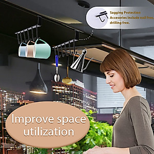 4Pcs Coffee Mug Holder Under Cabinet,Coffee Cups Holder with 6 Mug Hooks,Drilling Free Adhesive Kitchen Utensils Hanging Hooks for Kitchen Utensil,Fit for 1 Inch Thickness Shelf or Less (Black)