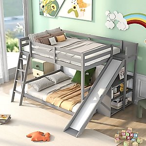 Full Over Full Bunk Beds with Slide and Storage Shelves, Wood Floor Bunk Beds Frame, Kids Bunk Bed for Bedroom, Teens Dormitory (Full Loft Bed with Slide, Gray)